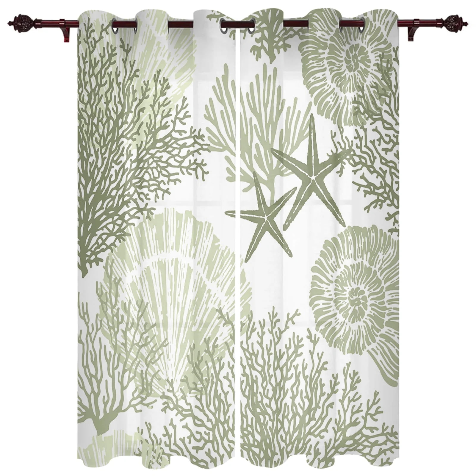 Sage Green Ocean Coral Shells Starfish Abstract Window Curtains for ...