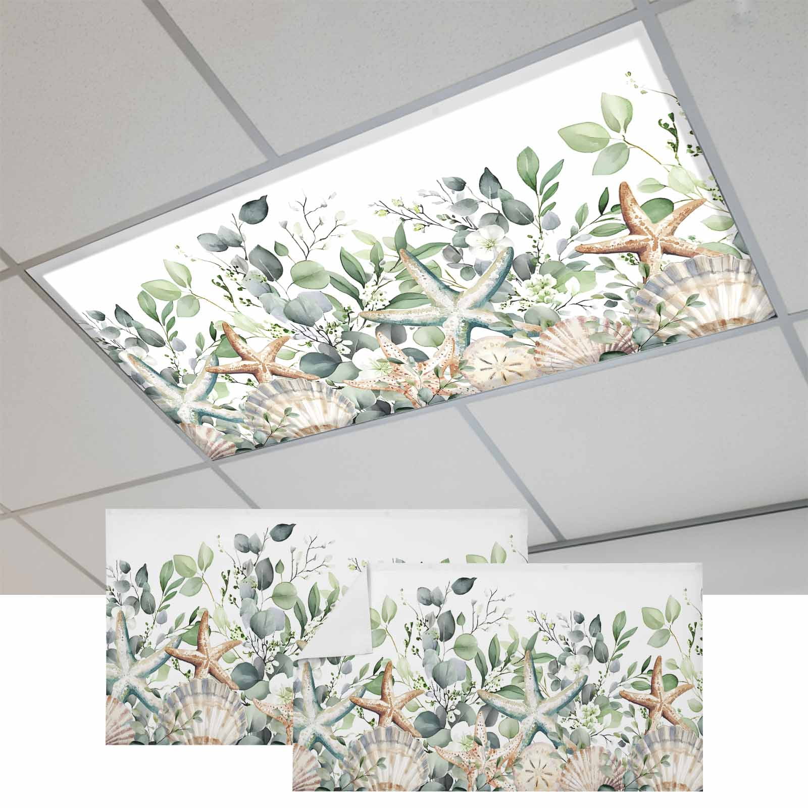 Sage Green Ocean Fluorescent Light Covers, Coastal Eucalyptus Starfish ...