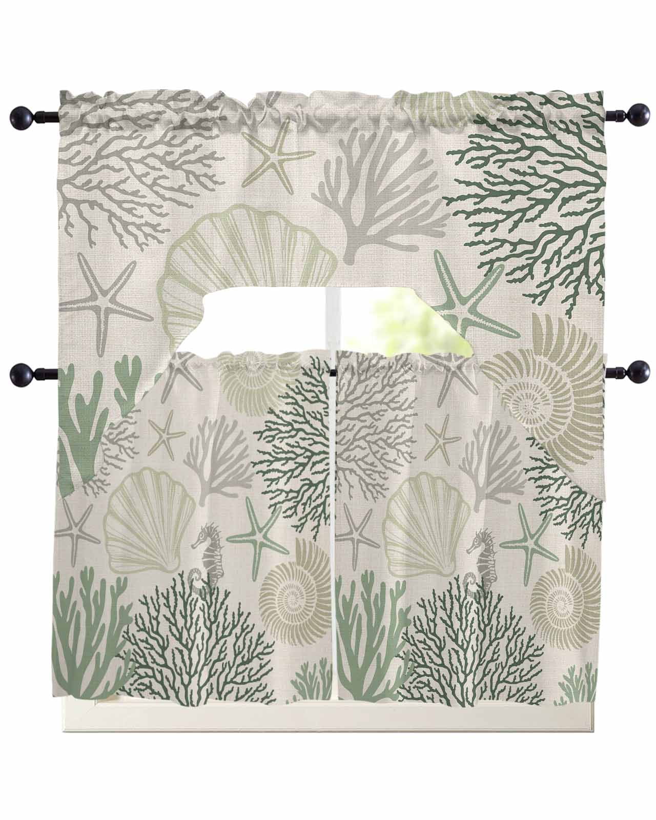 Sage Green Ocean Kitchen Curtains Sets 36 Inch Length with Valance ...