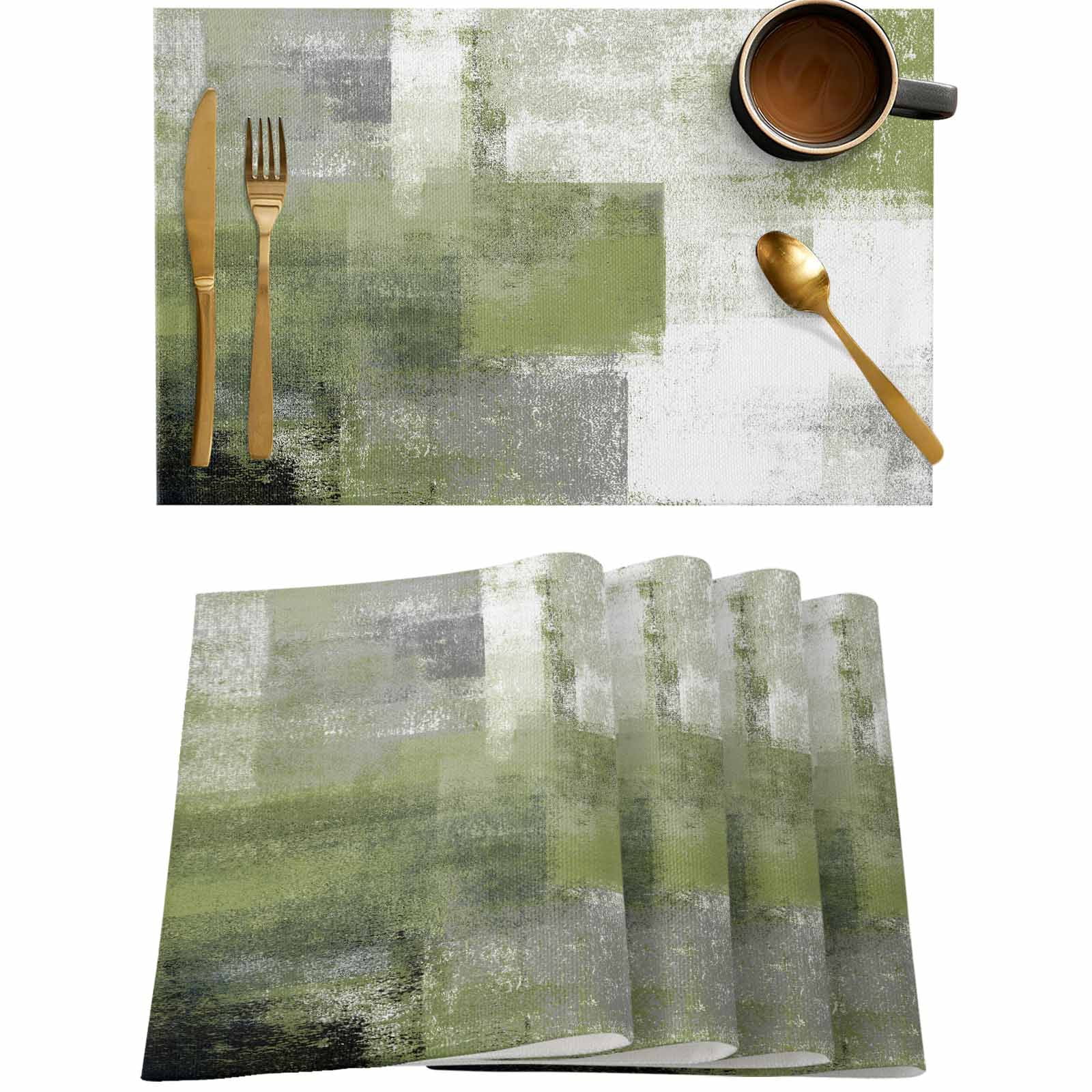 Sage Green Oil Painting Art Placemats Set of 4,Wipeable Washable Table ...