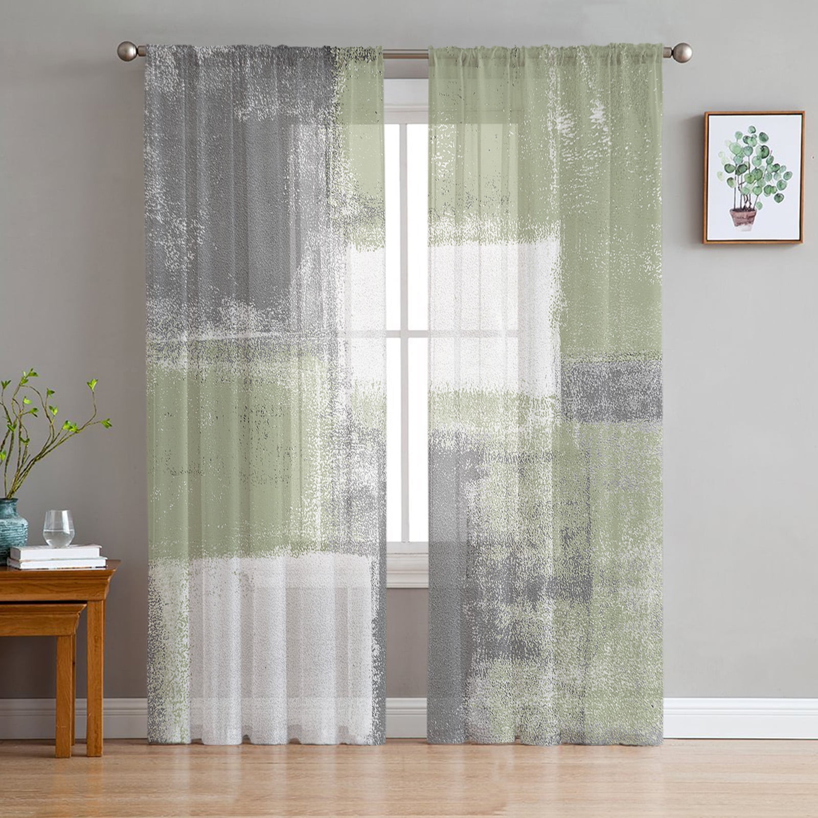 Sage Green Oil Painting Texture Paint Sheer Curtains for Living Room ...