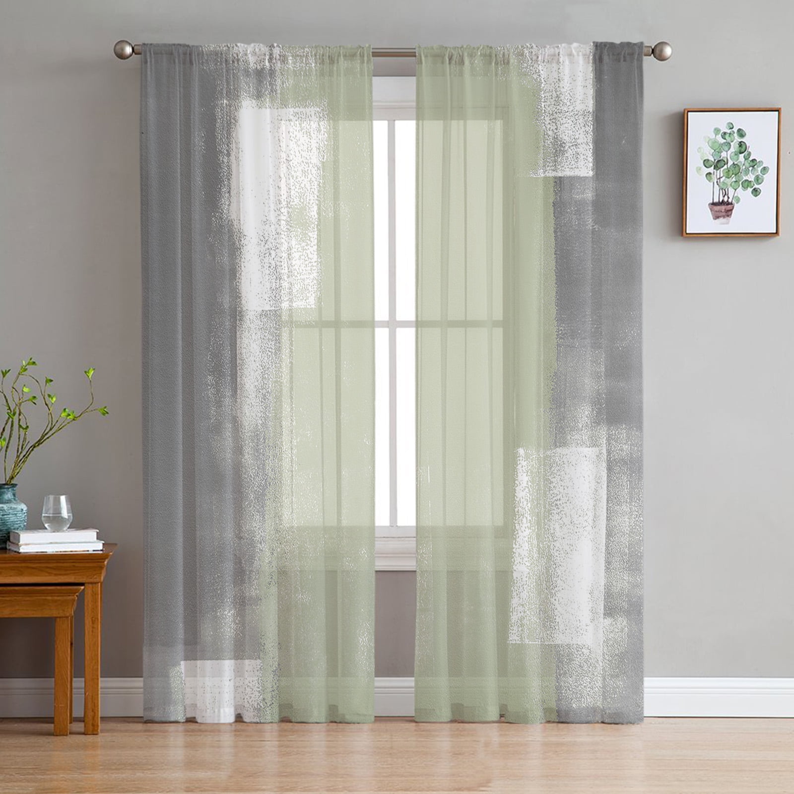 Sage Green Oil Painting Texture Sheer Curtains for Bedroom Kitchen ...