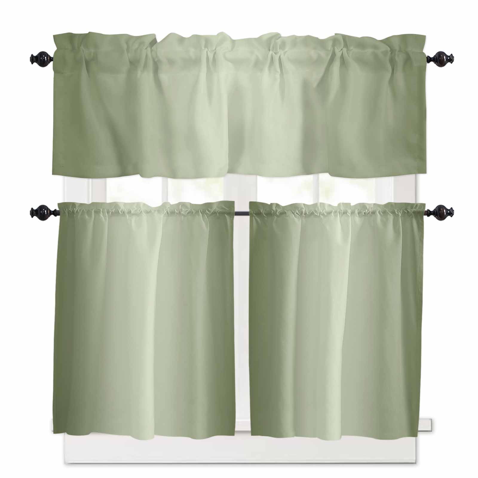 Sage Green Ombre Kitchen Curtains and Valances Set, 3 Piece Kitchen ...
