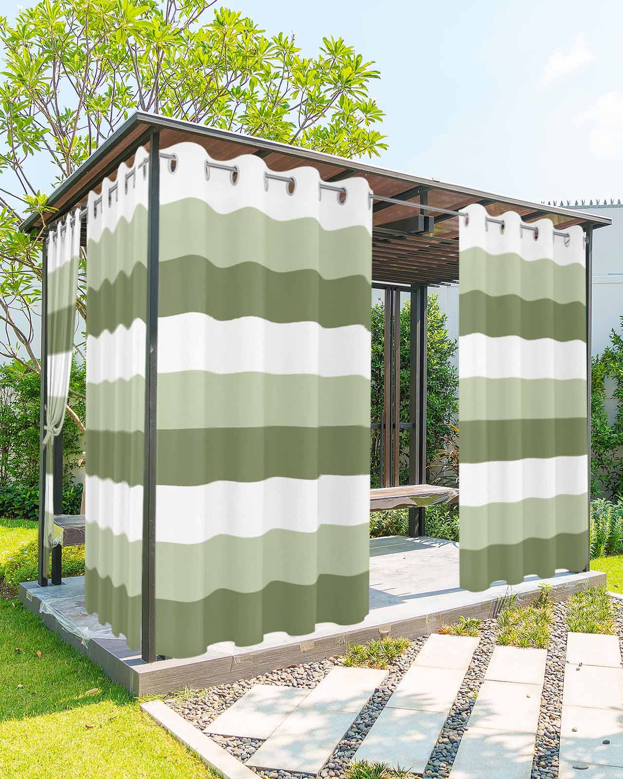 Sage Green Outdoor Curtains for Patio Waterproof, Stripes Grommet ...