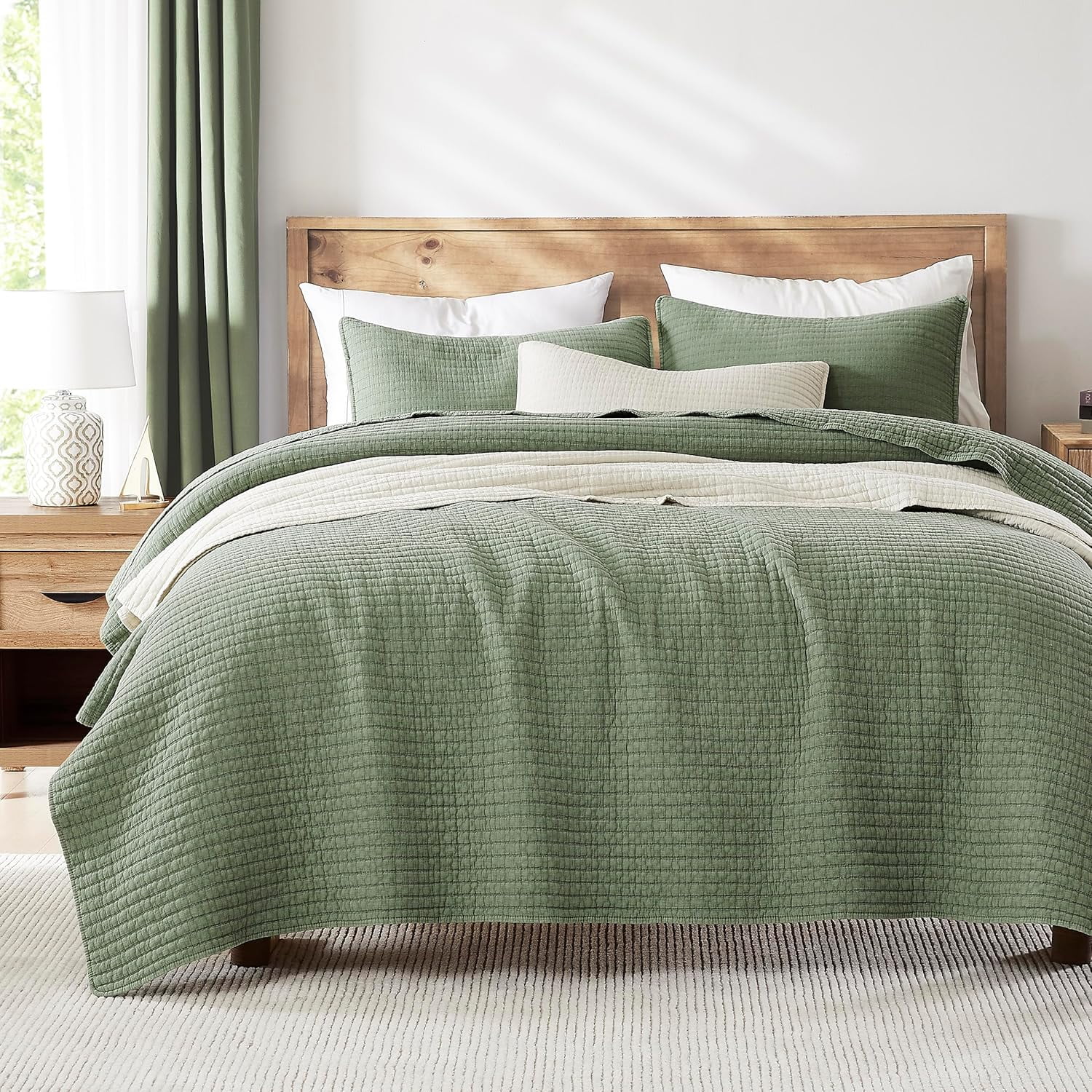Sage Green Oversized King Size Quilt Set, Muslin Cotton Shell Down-Alt ...