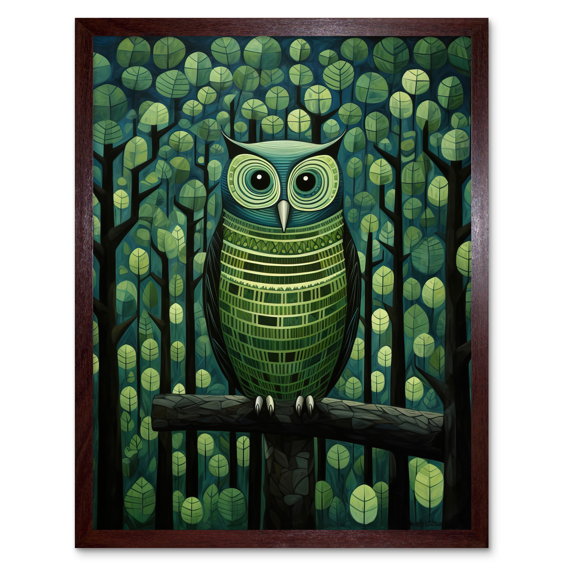 Sage Green Owl Illustration Perched in Geometric Forest Night Dusk Art ...