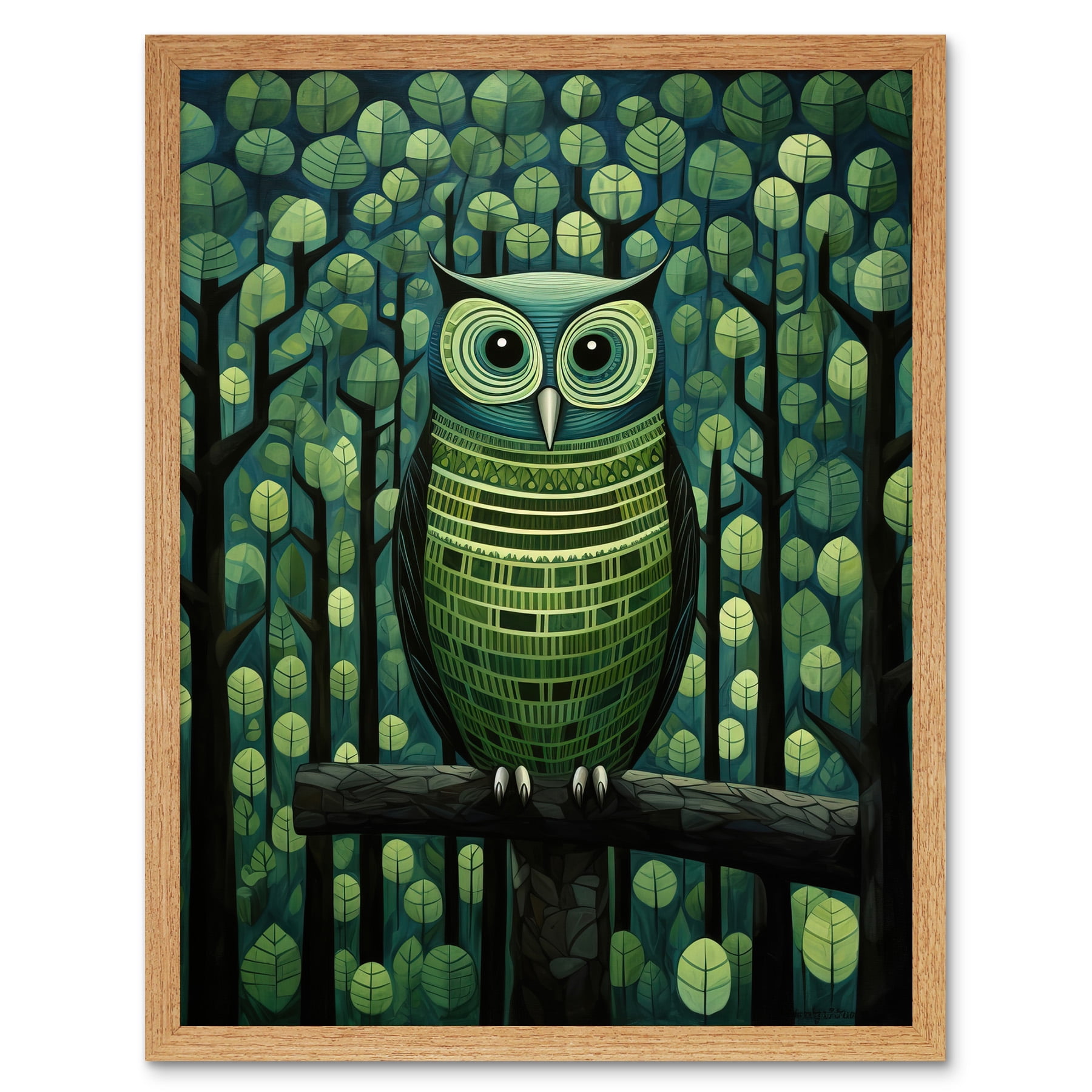 Sage Green Owl Illustration Perched in Geometric Forest Night Dusk Art ...