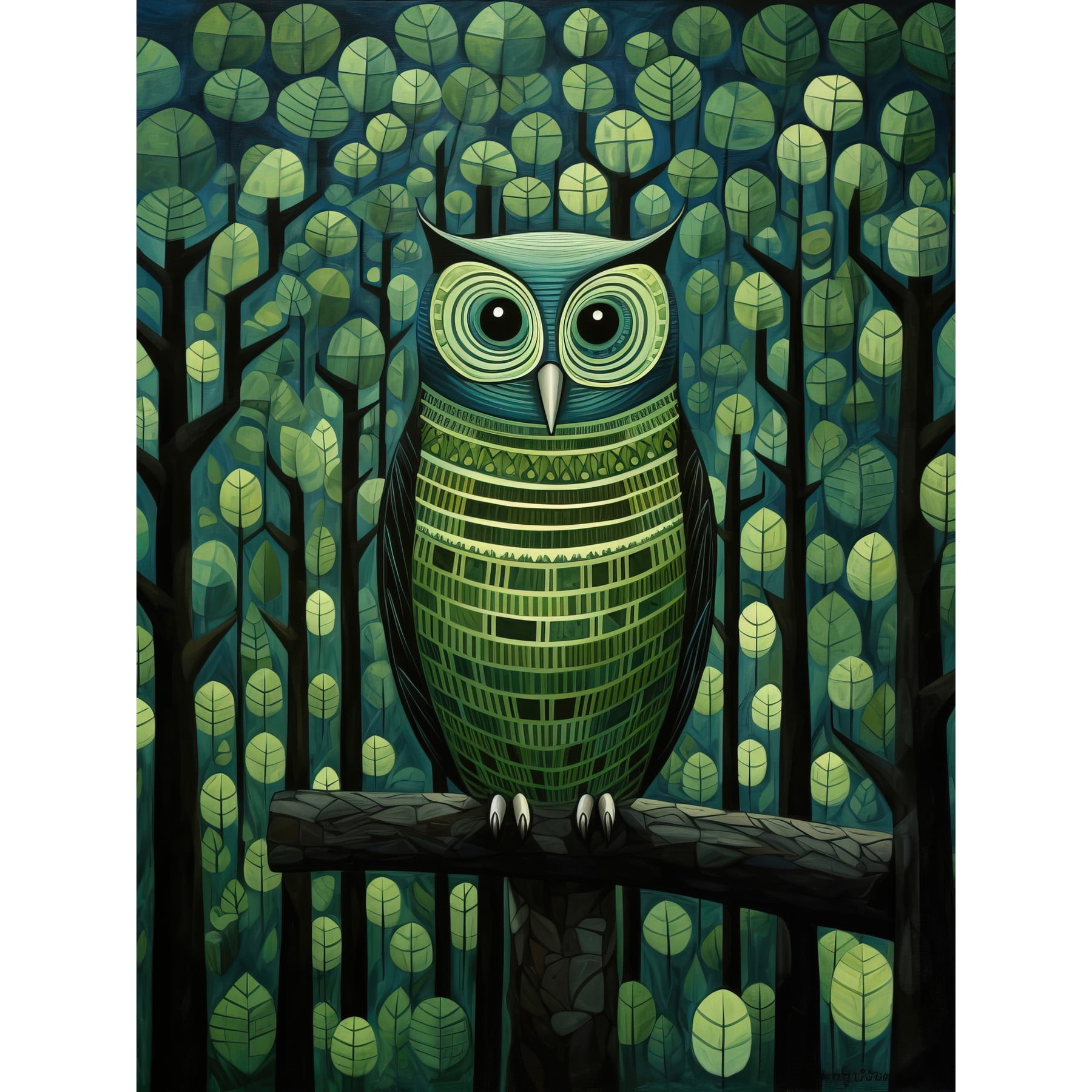 Sage Green Owl Illustration Perched in Geometric Forest Night Dusk ...