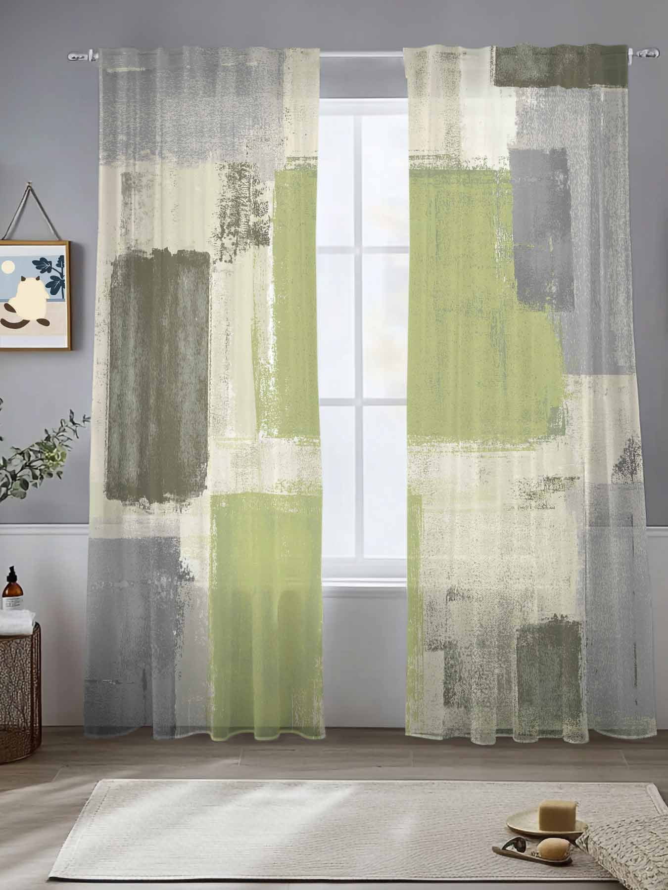 Sage Green Paint Sheer Curtains 108 Inches Long 2 Panels Abstract ...
