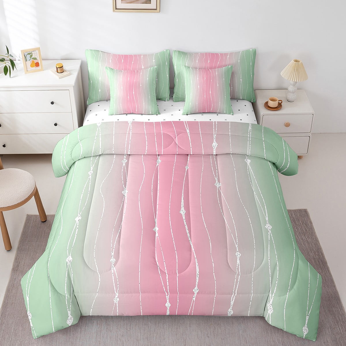 Sage Green and Pink Bedding Queen Size 7pcs Girls Women Abstract ...