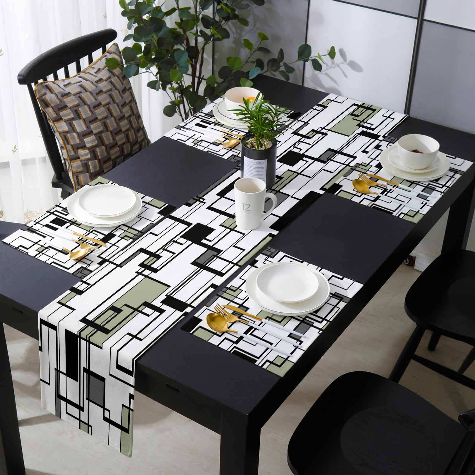 Sage Green Placemats Set of 6 with 70 Inches Long Table Runners,Black ...