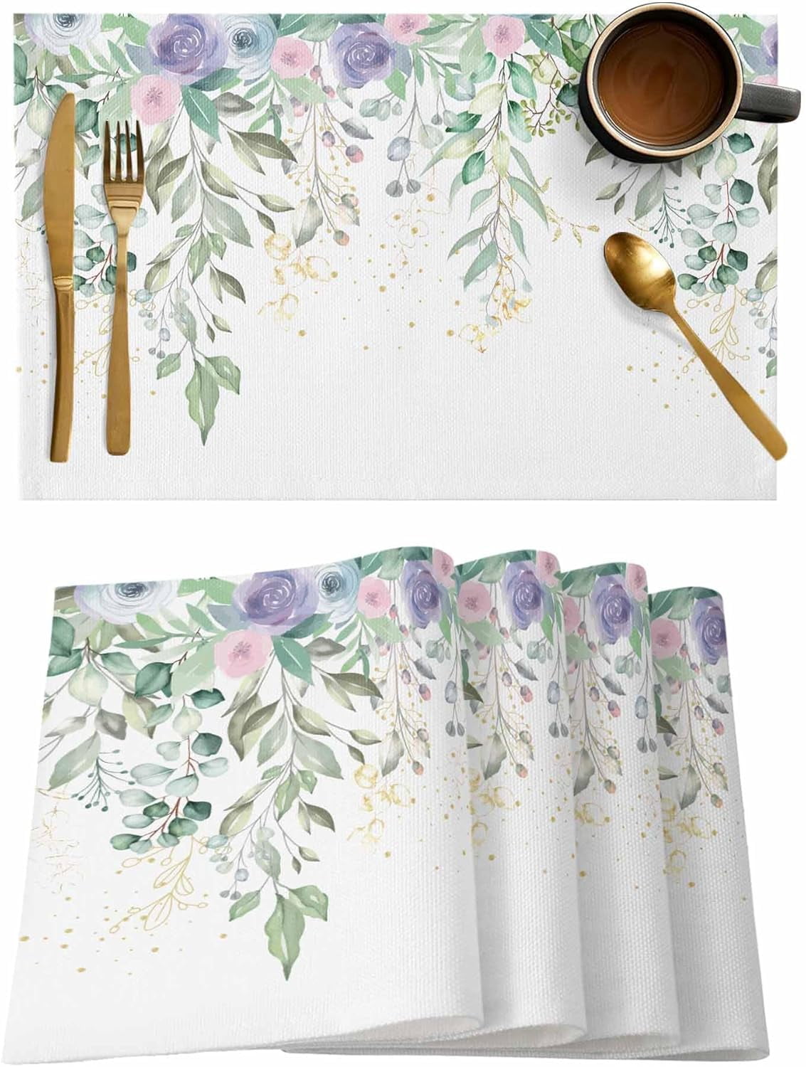 Sage Green Placemats Set of 6 Washable - Watercolor Rose Eucalyptus Leaves Flower Heat Resistant ...