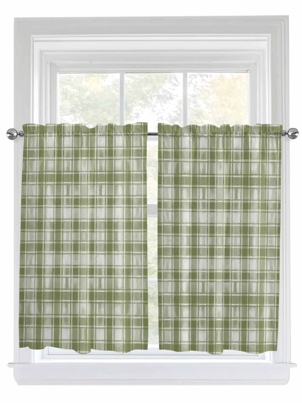 Sage Green Plaid Bathroom Window Curtain, Modern Art Checkered ...