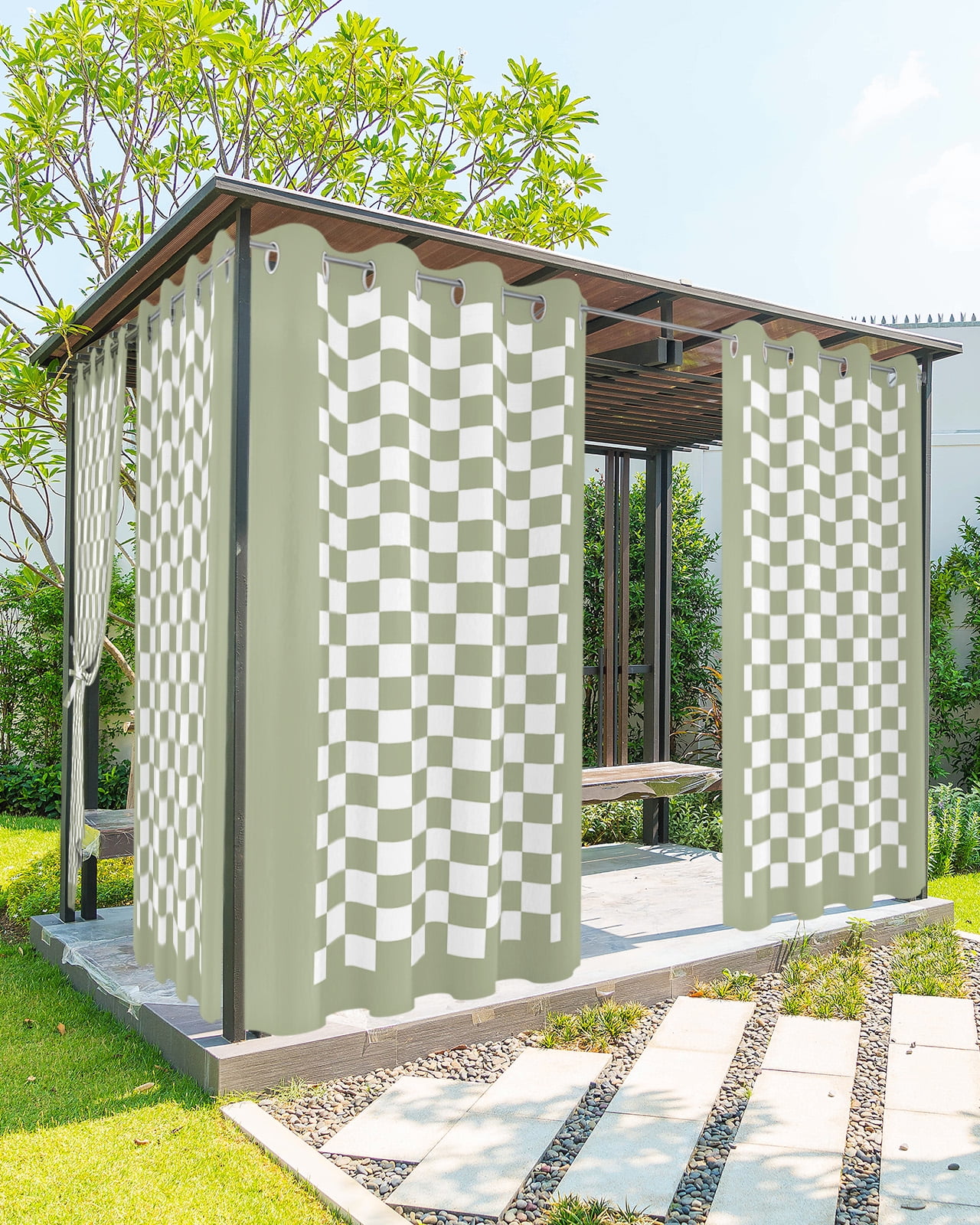 Sage Green Plaid Outdoor Curtains for Patio Waterproof,Country French Rustic Buffalo Check ...