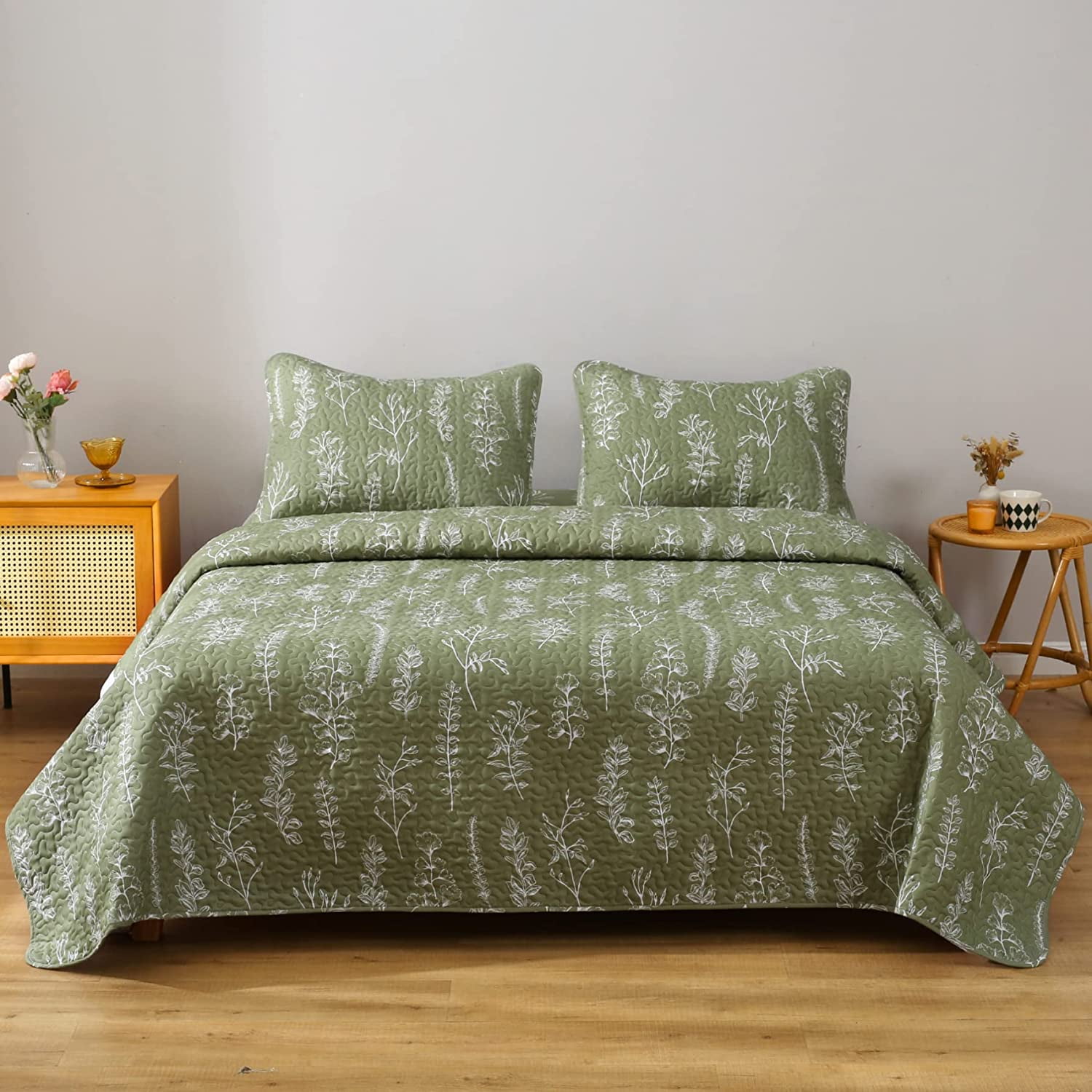Sage Green Plants Printed Quilt Set, Floral Bedspread Twin Size ...