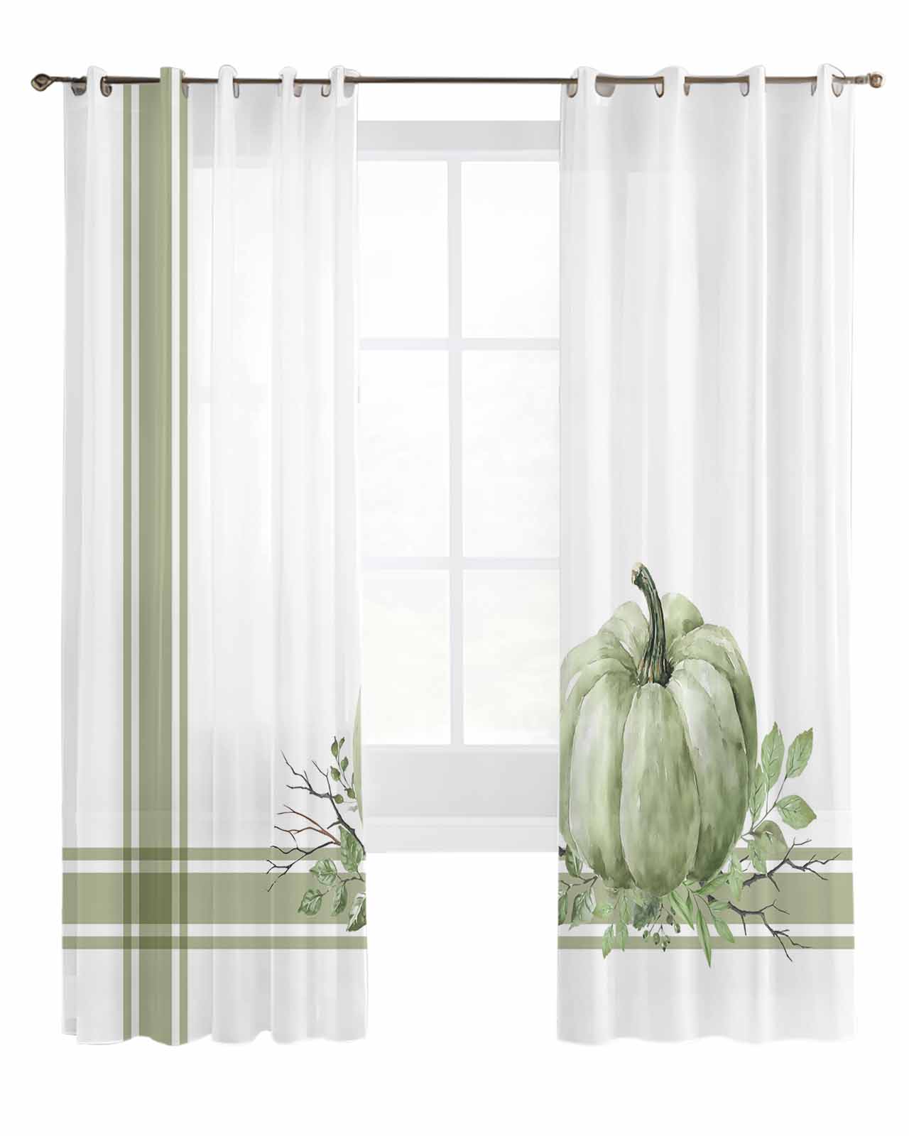 Sage Green Pumpkin Sheer Curtains 96 Inch Length 2 Panels Thanksgiving ...