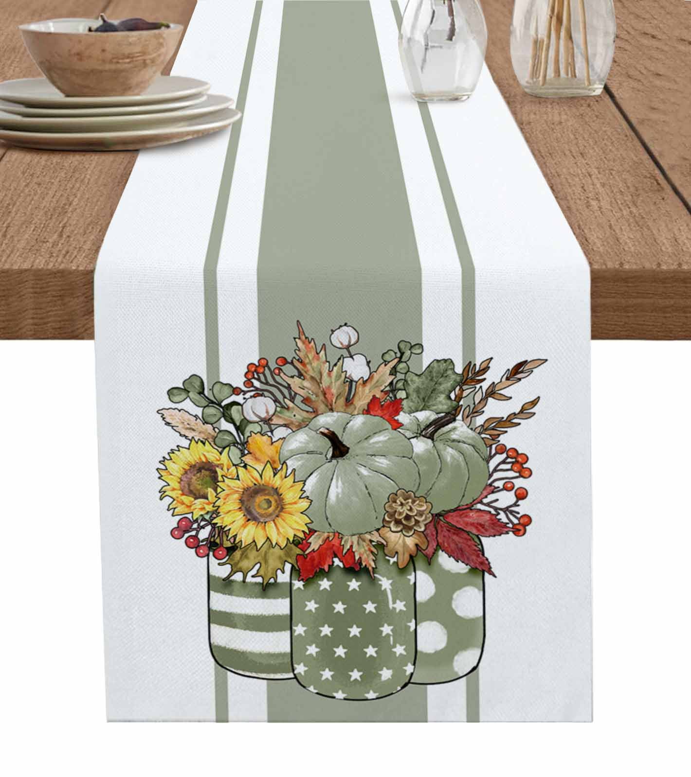 Sage Green Pumpkins Fall Burlap-Cotton Table Runner 60 Inches Long ...