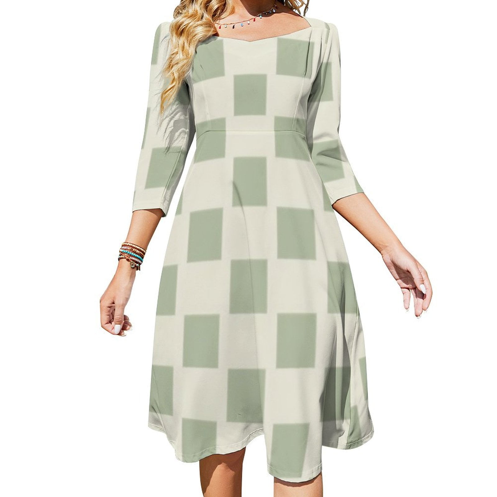 Sage Green Rectangle Pattern Design Sweetheart Knot Flared Dress ...