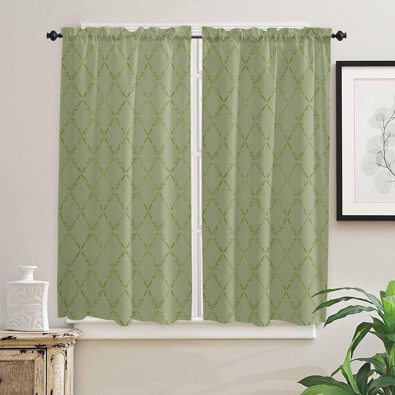 Sage Green Rhombus Window Curtains 63 Inch Length, Rustic Modern Plaid ...