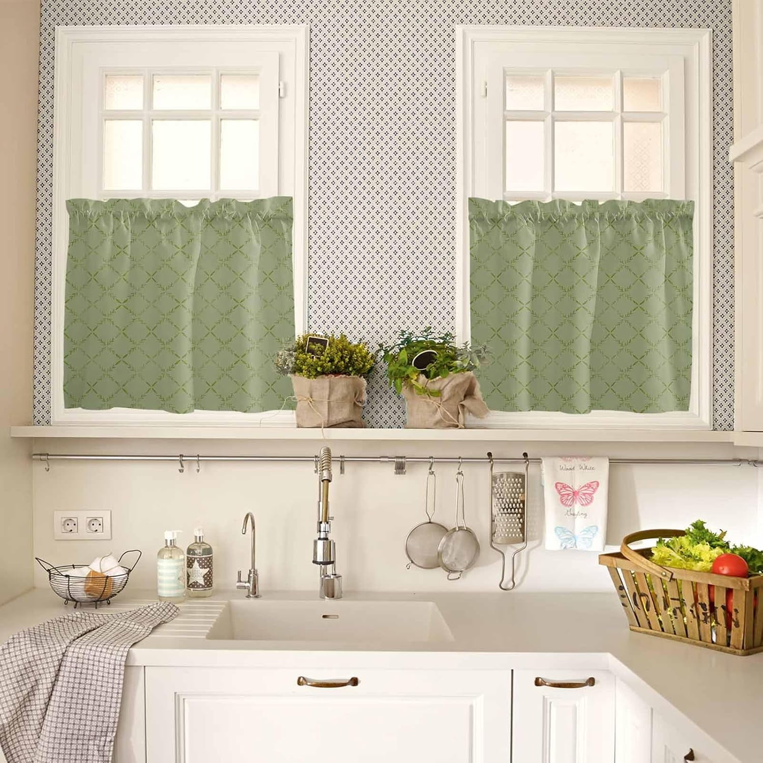 Sage Green Rhombus Window Tier Curtains 36 Inch Length, Rustic Modern ...