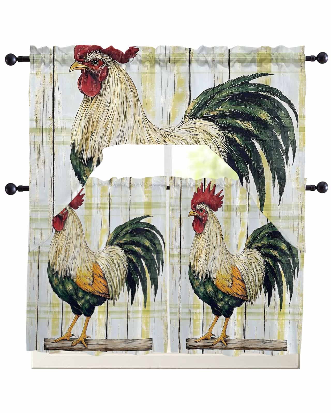 Sage Green Rooster Kitchen Curtains Sets 36 Inch Length with Valance ...