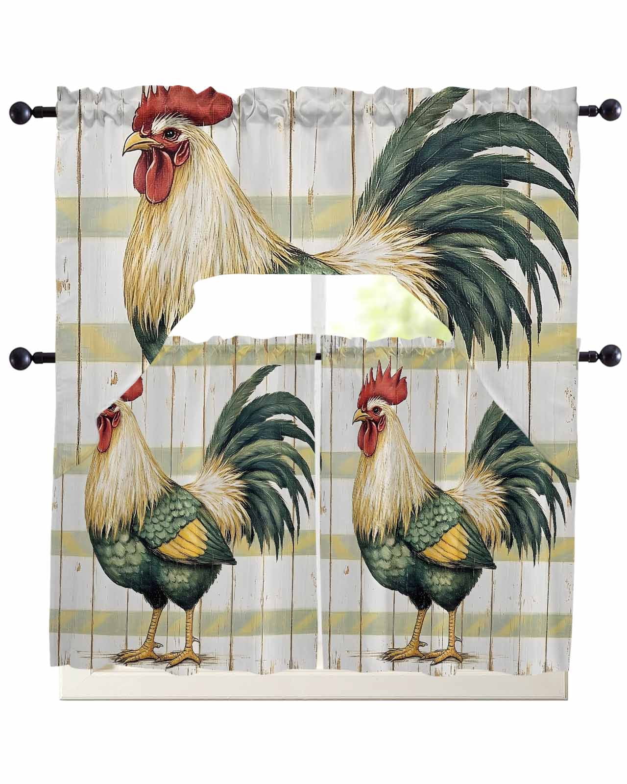 Sage Green Rooster Kitchen Curtains Sets 36 Inch Length with Valance ...