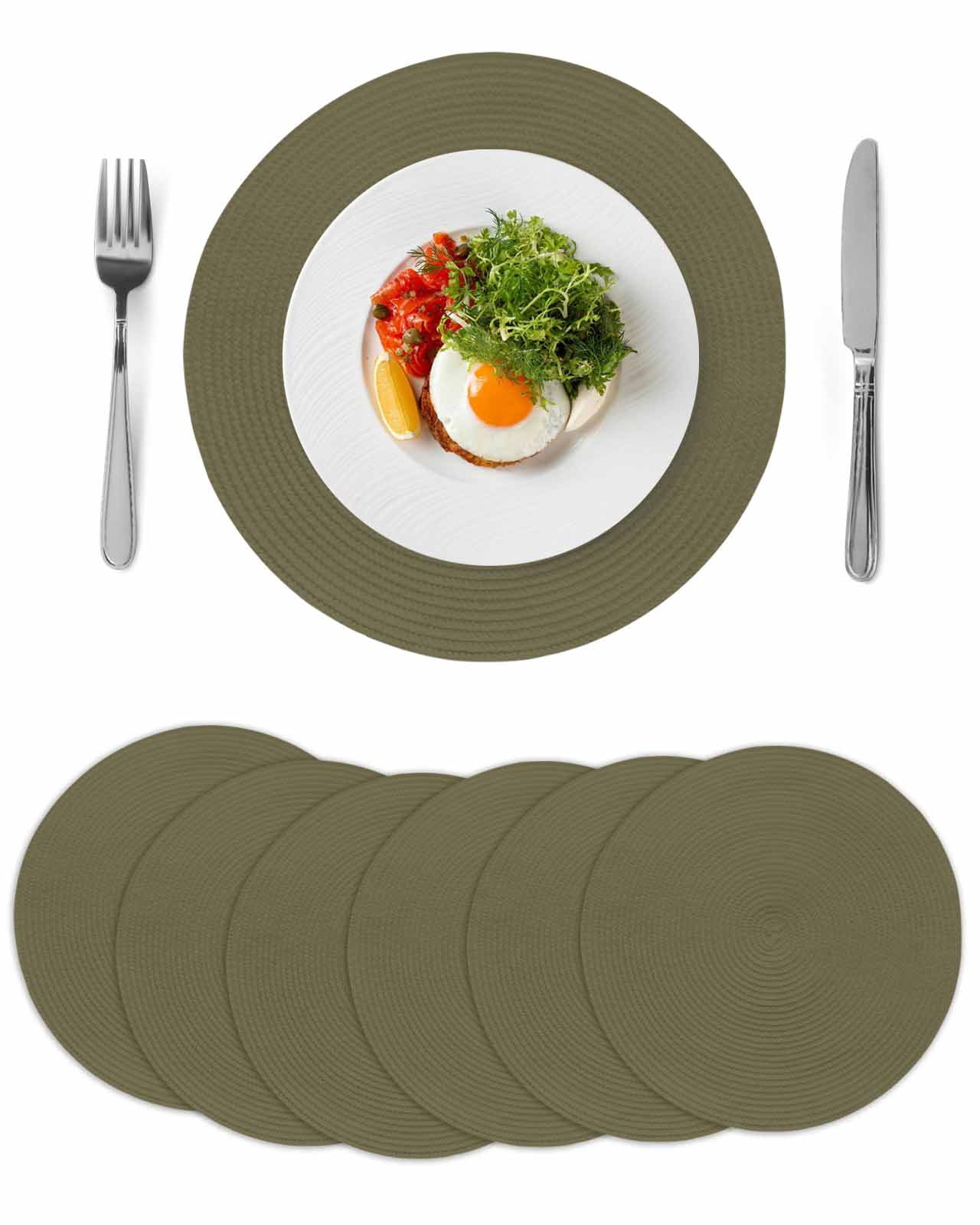 Sage Green Round 13 Inch Placemats Set of 6, Brown Solid Color Simple ...