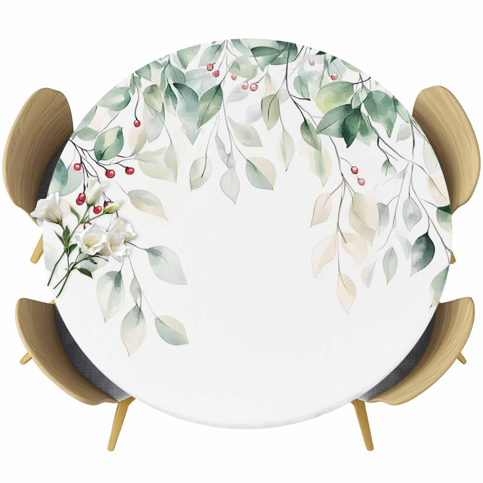 Sage Green Round Fitted Table Cover Eucalyptus Leaves Watercolor Leaf ...