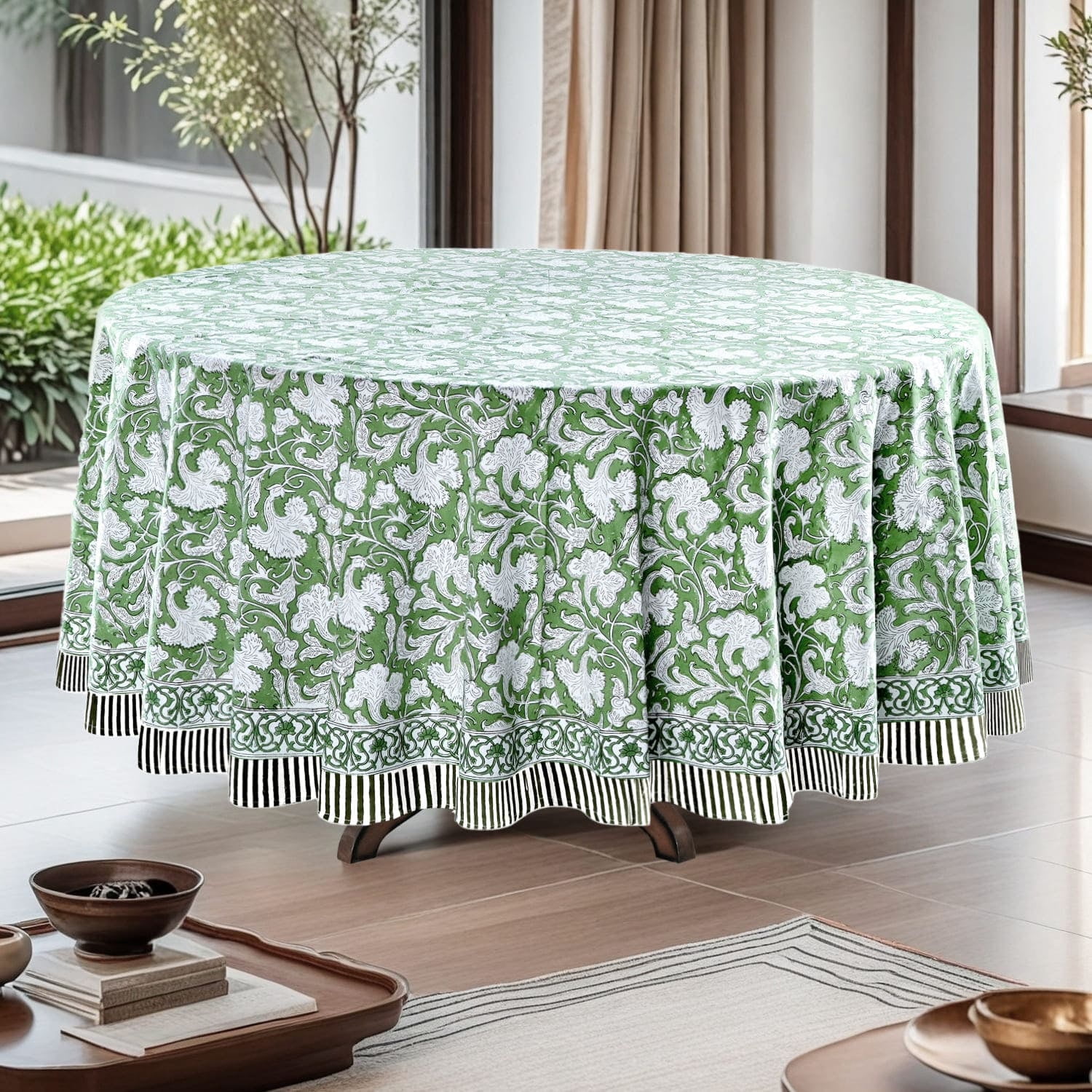 Sage Green Round Tablecloth, Indian Floral Block Printed Cotton Cloth ...