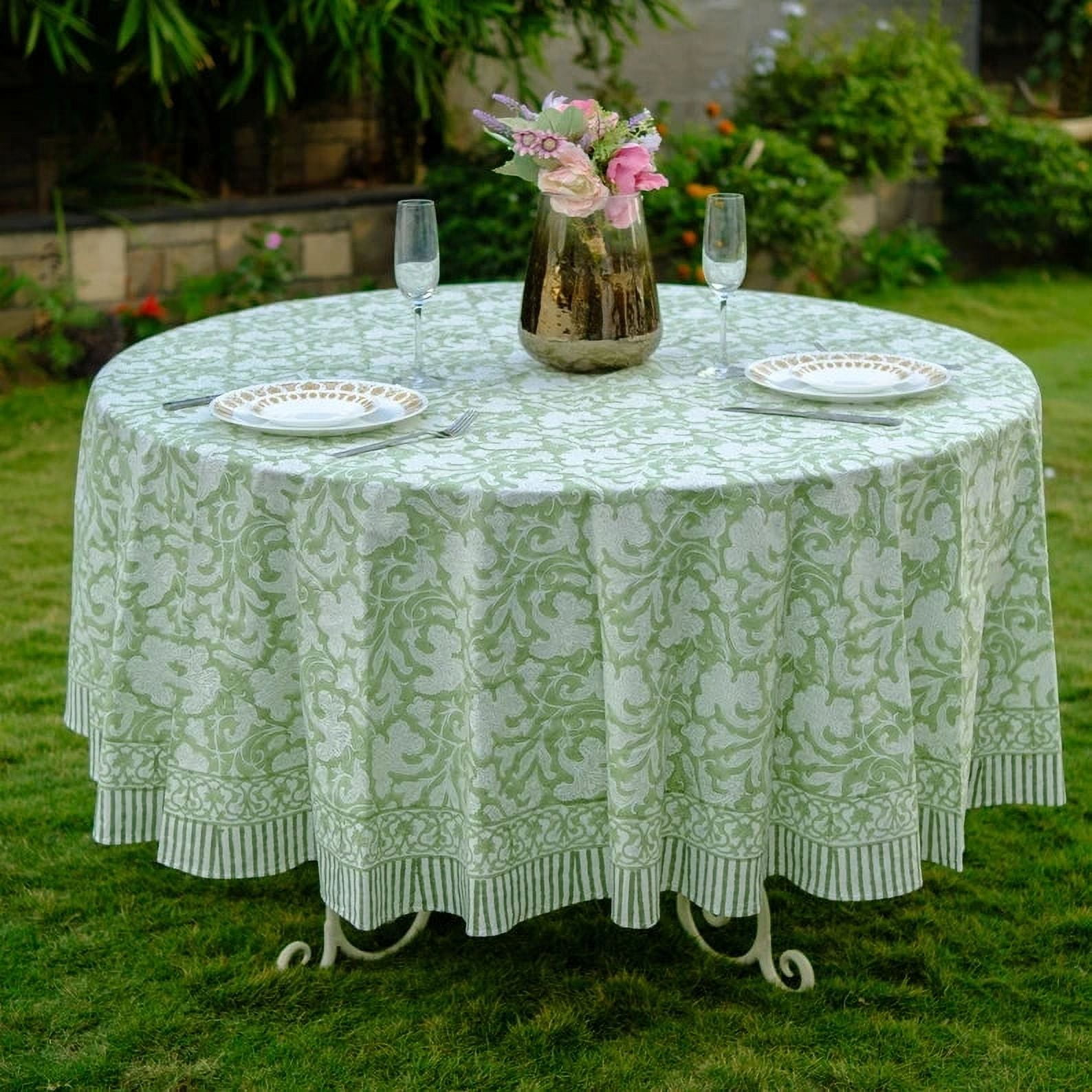 Sage Green Round Tablecloth, Indian Floral Block Printed Cotton Cloth ...