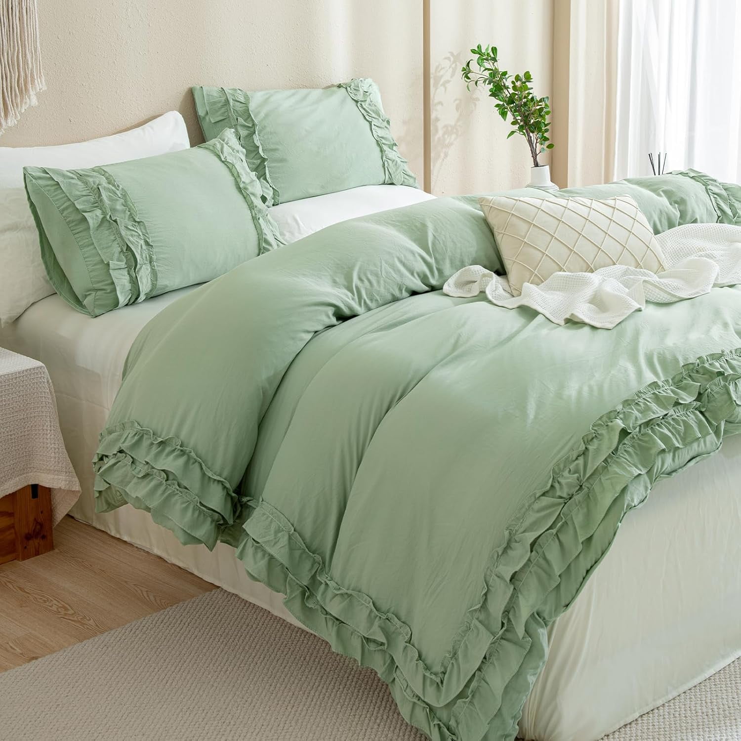 Sage Green Ruffled Duvet Cover King Size Bedding Set Pleated Lace ...