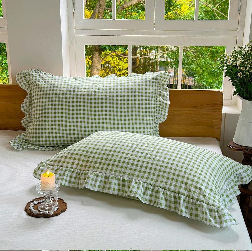 Sage Green Ruffled Plaid Gingham Pillow Shams 20"x30", Set of 2 Green ...