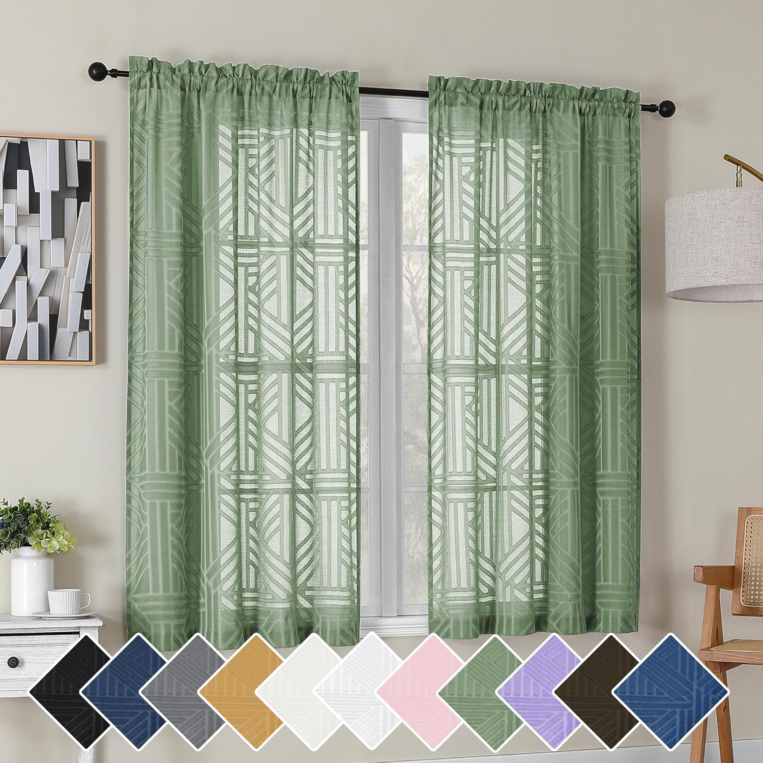 Sage Green Semi Sheer Curtains 45 Inch Length 2 Panels, Geometric ...