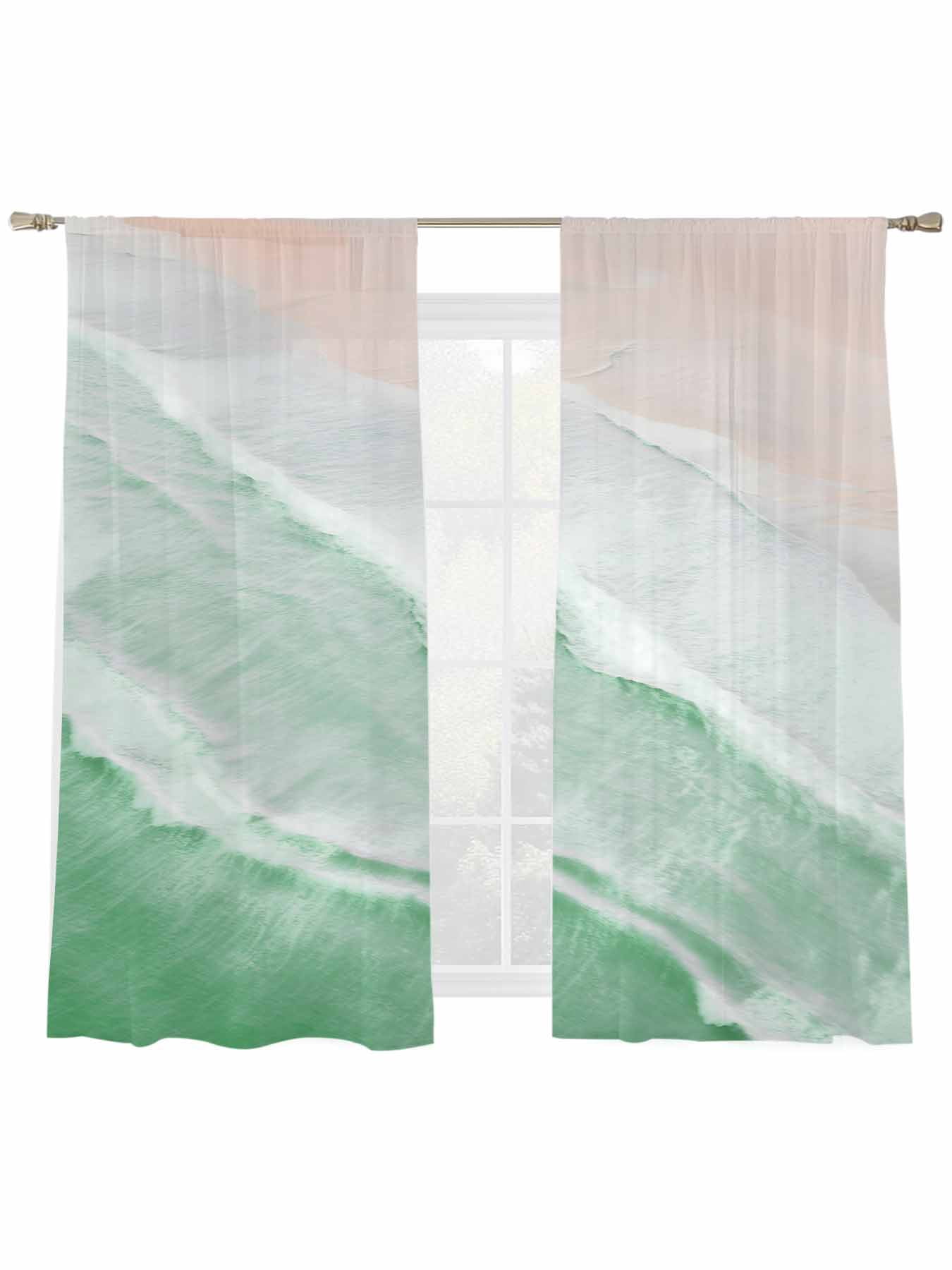 Sage Green Sheer Curtains 2 Panels Set Gradient Sea Waves Sandy Beach ...