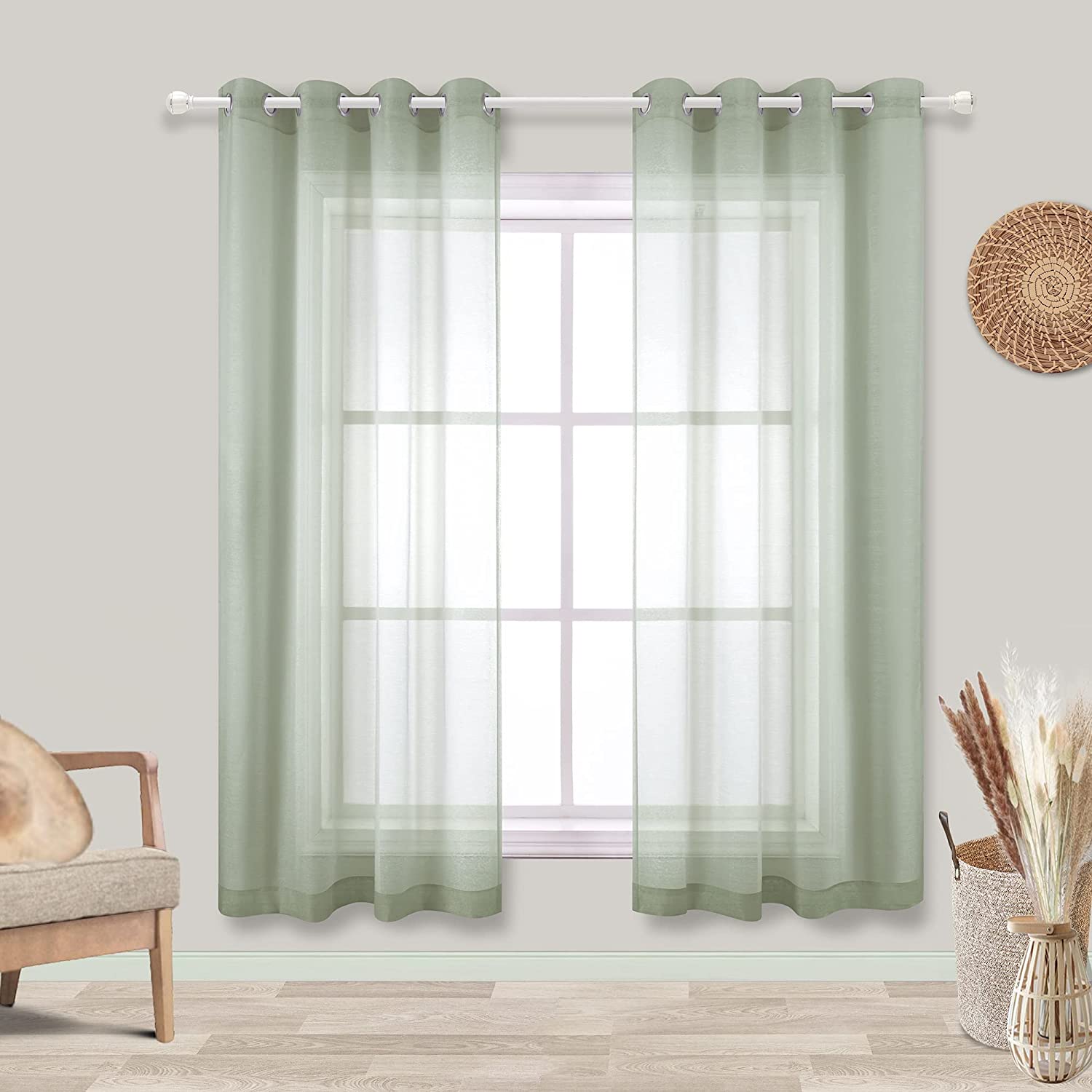 Sage Green Sheer Curtains 63 Inch Length,Grommet Airy Pastel Curtains for Nursery Boy Girl,2 ...