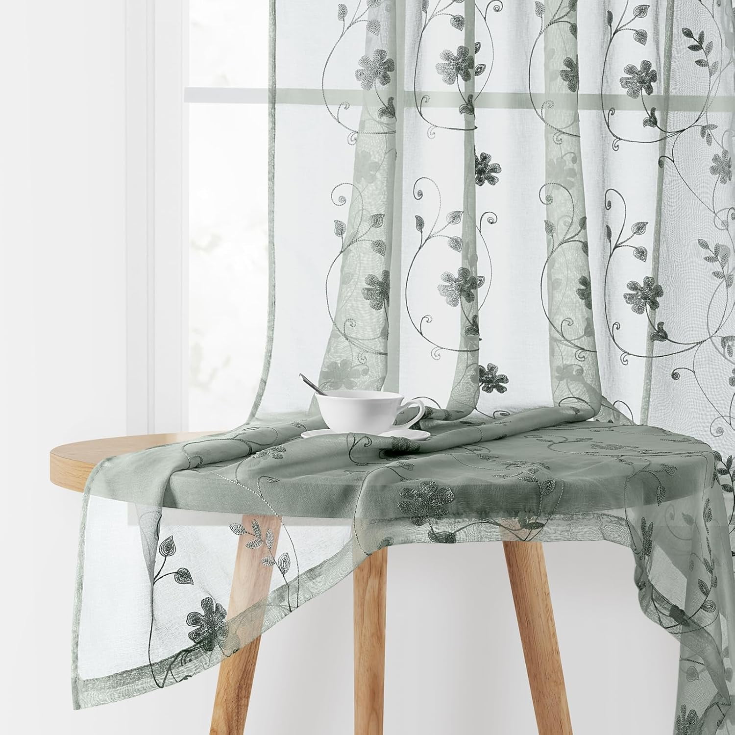 Sage Green Sheer Curtains 63 Inches Length 2 Panels Embroidered Floral Pattern Semi Sheer Window ...