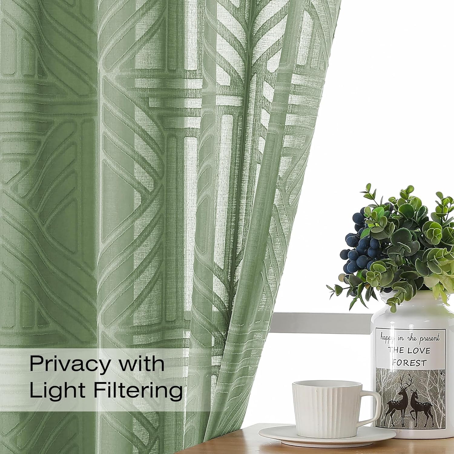 Sage Green Sheer Curtains 72 Inch Length 2 Panels for Living Room, Light Filtering Geometric ...