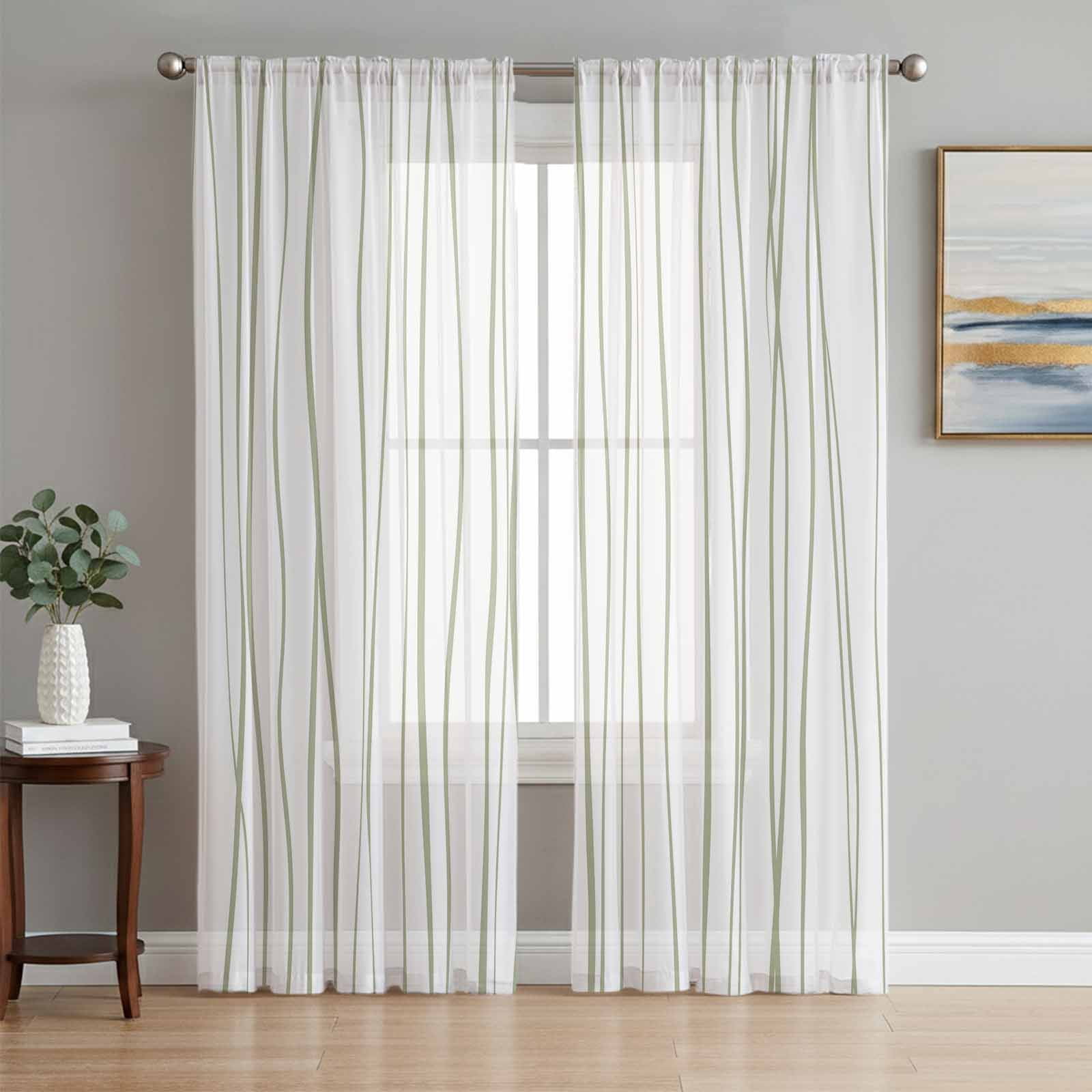 Sage Green Sheer Curtains 96 Inch Length 2 Panels Set, Abstract Lines ...