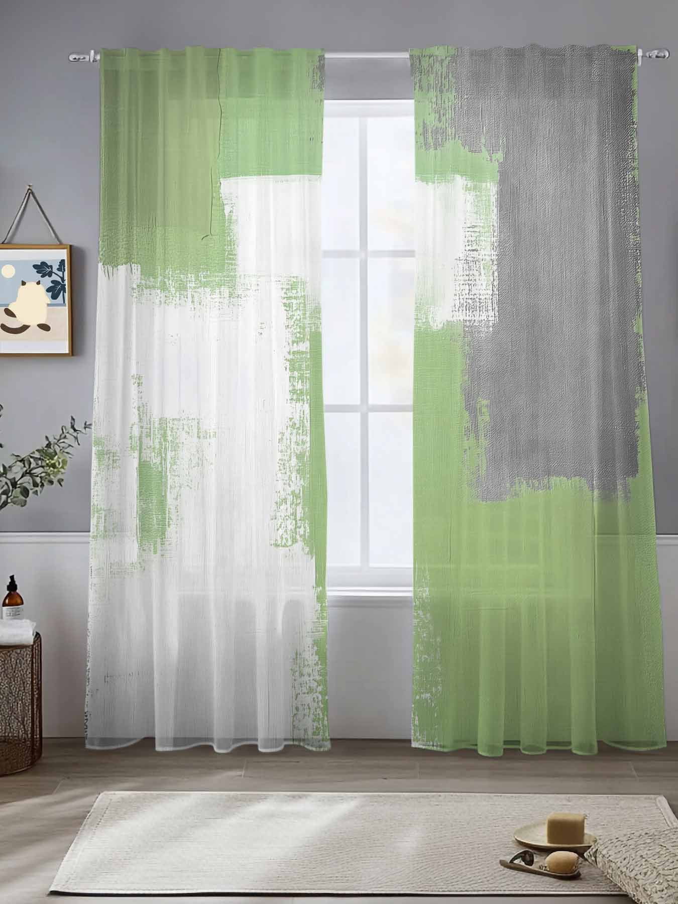 Sage Green Sheer Curtains 96 Inches Long 2 Panels Grey Graffiti Modern ...