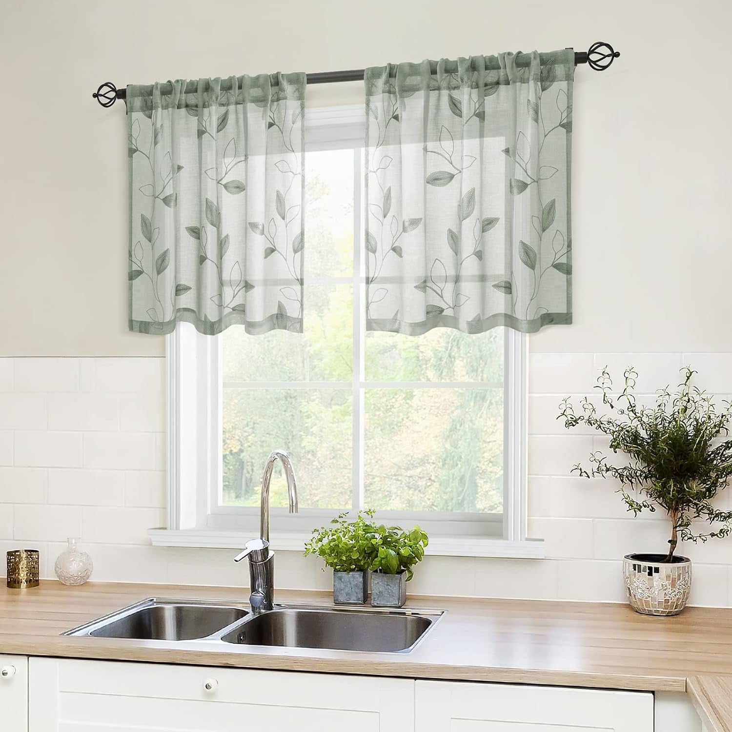 Sage Green Sheer Kitchen Curtains 30 X 24 Inch Length 2 Panels ...