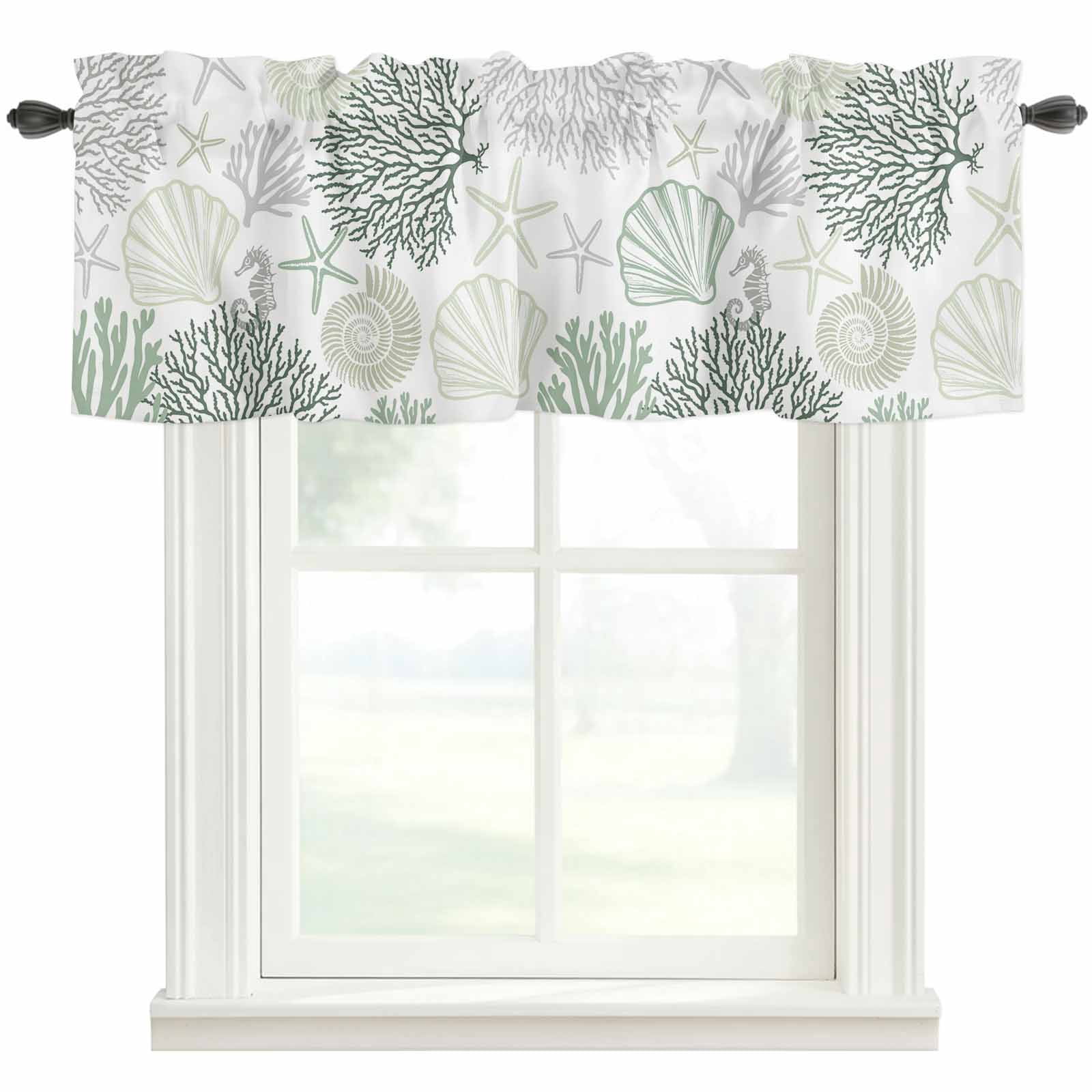 Sage Green Shell Window Valance Curtain Starfish Coral Marine Life Rod ...