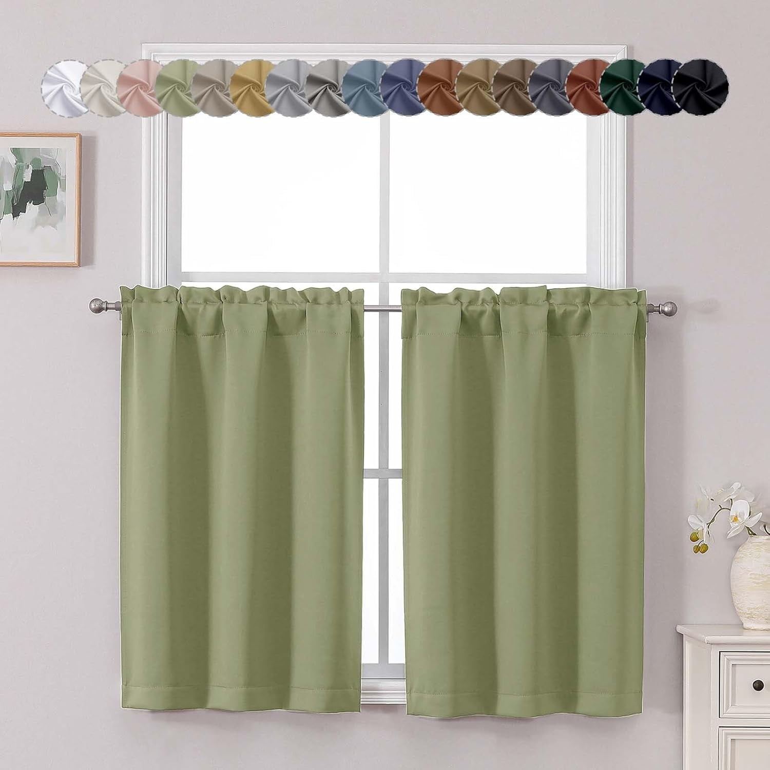 Sage Green Short Blackout Curtains 36 Inch Length, Kitchen Window Tier ...