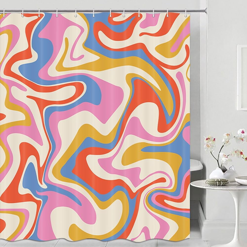 Sage Green Shower Curtain, Boho Cute Aesthetic 70S Abstract Wavy Swirl Restroom Curtain Liner ...