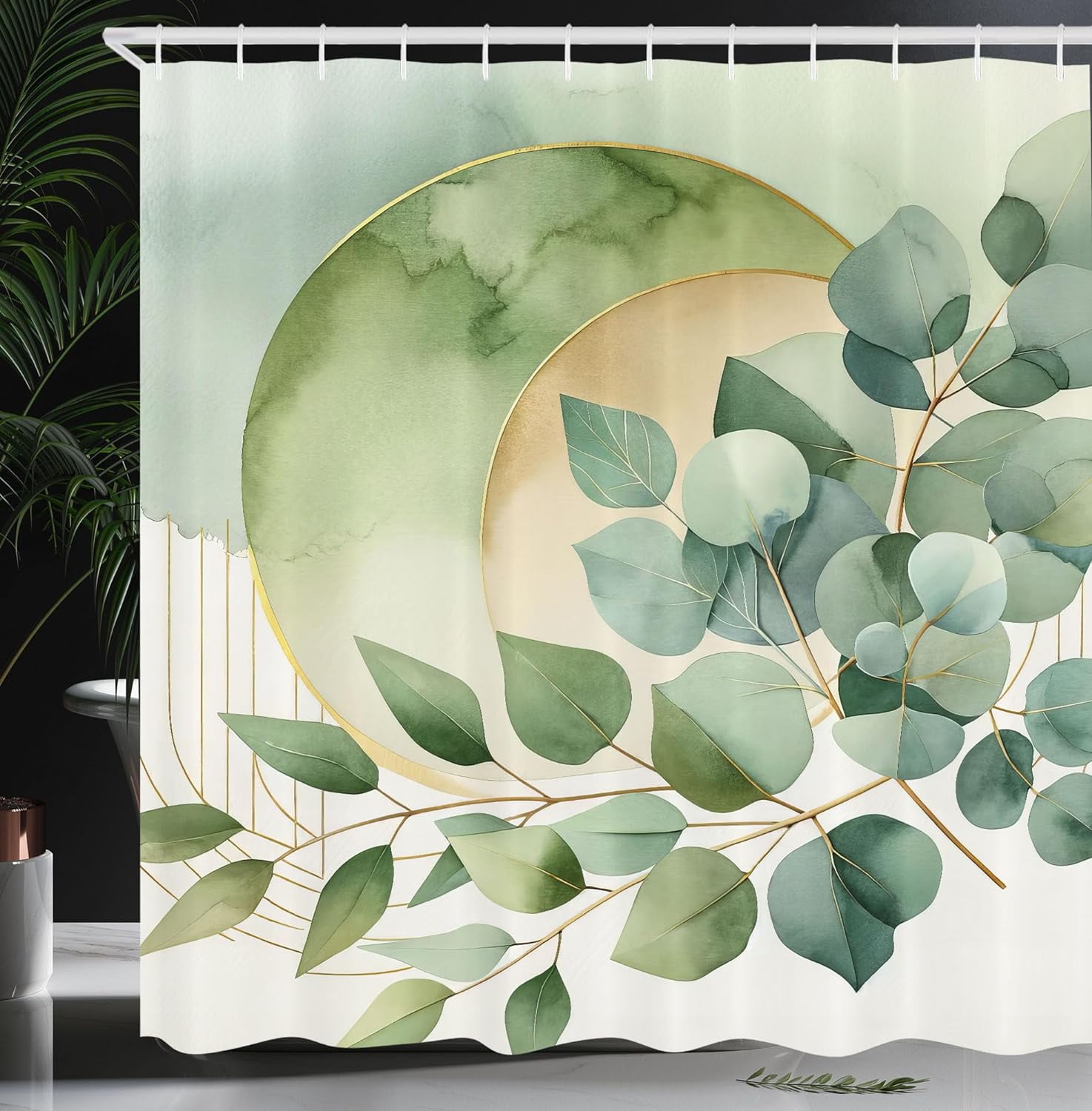 Sage Green Shower Curtain, Mid Century Modern Boho Print of Eucalyptus ...