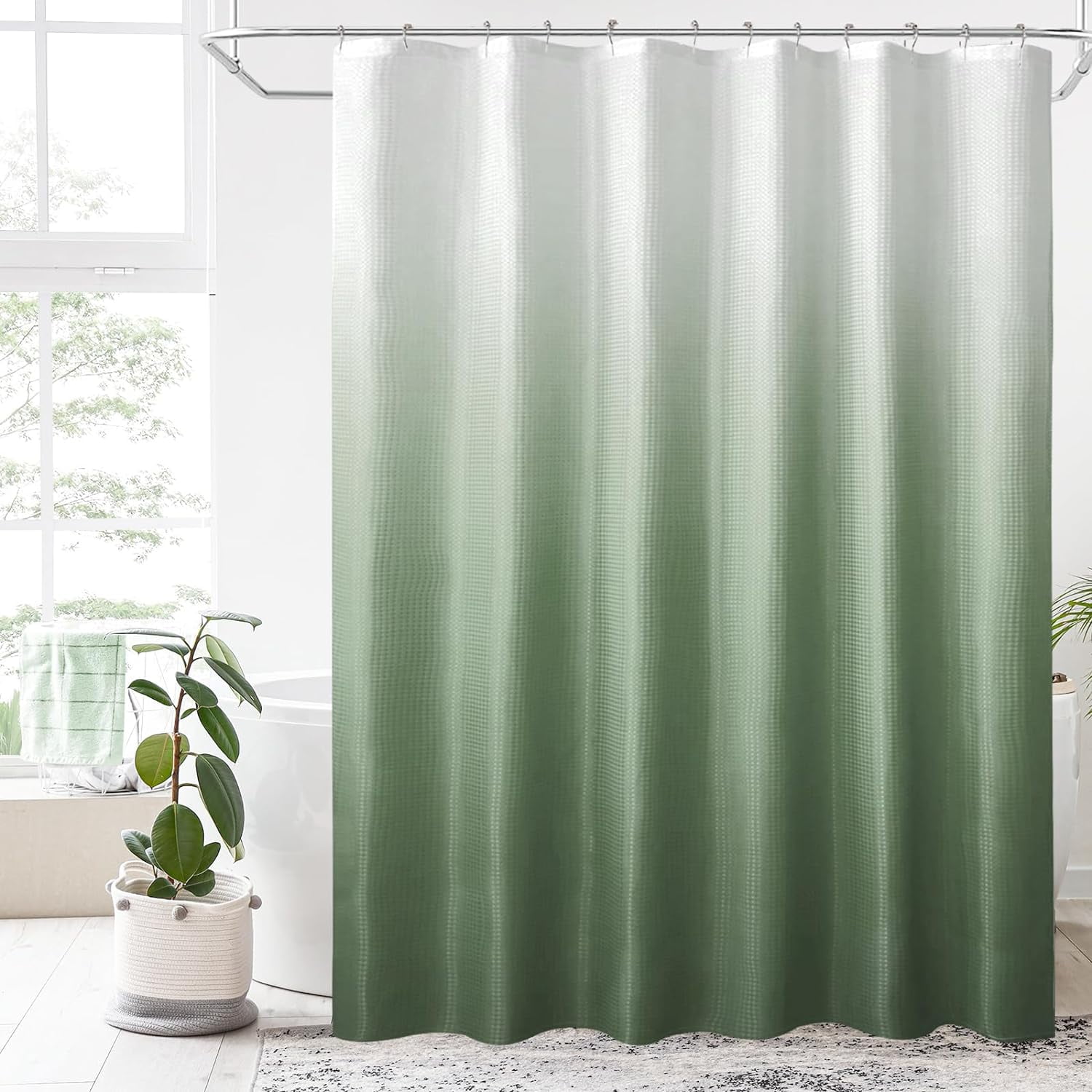 Sage Green Shower Curtain with Hook, Ombre Waffle Weave Fabric, Green ...