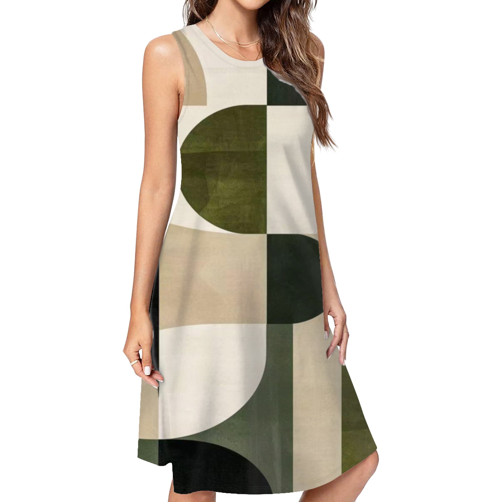 Sage Green Simple Shapes Casual Sleeveless Loose Sundress Dress For ...
