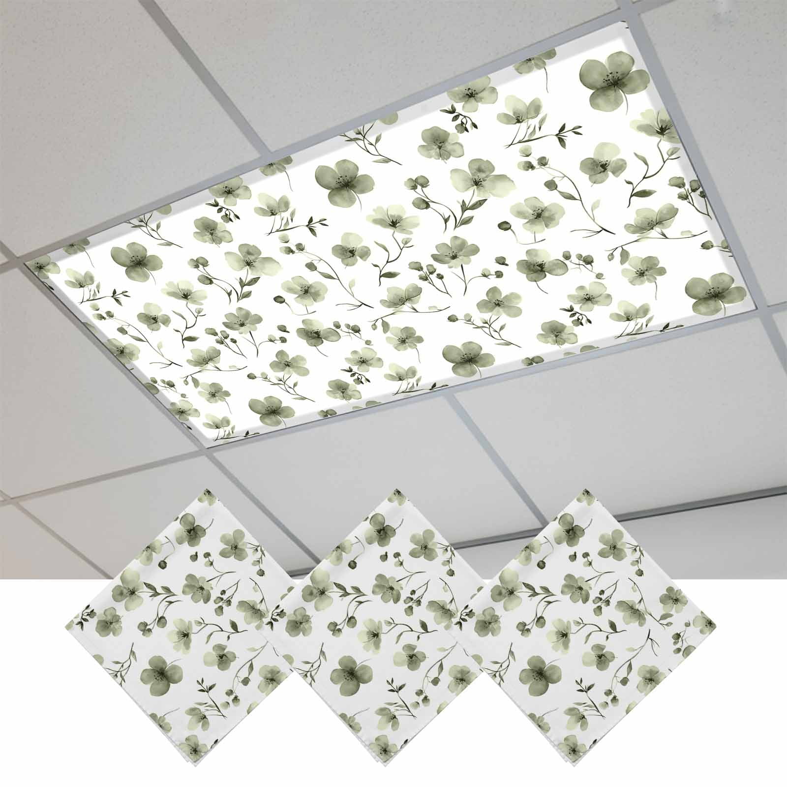 Sage Green Spring Floral Magnetic Fluorescent Light Covers for Ceiling ...