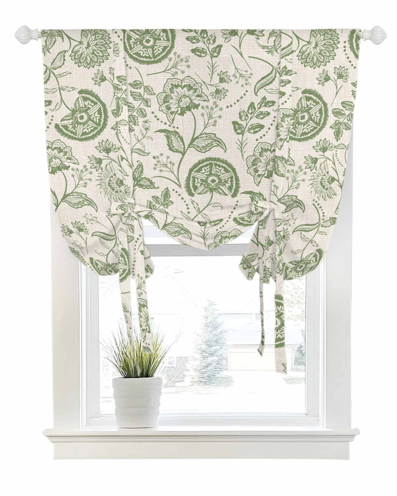 Sage Green Spring Floral Tie Up Curtains for Window, Thermal Insulated ...