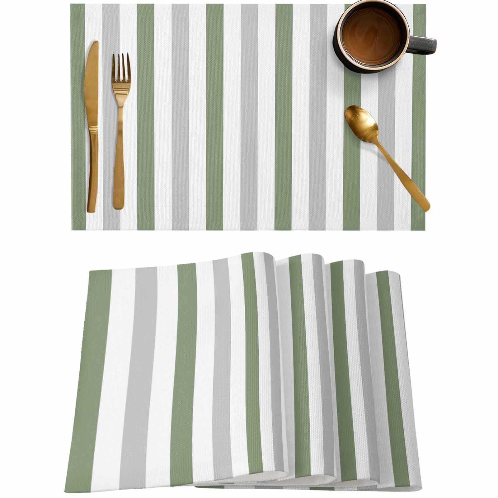 Sage Green Stripe Gray Line Placemats Set of 4,Wipeable Washable Table ...