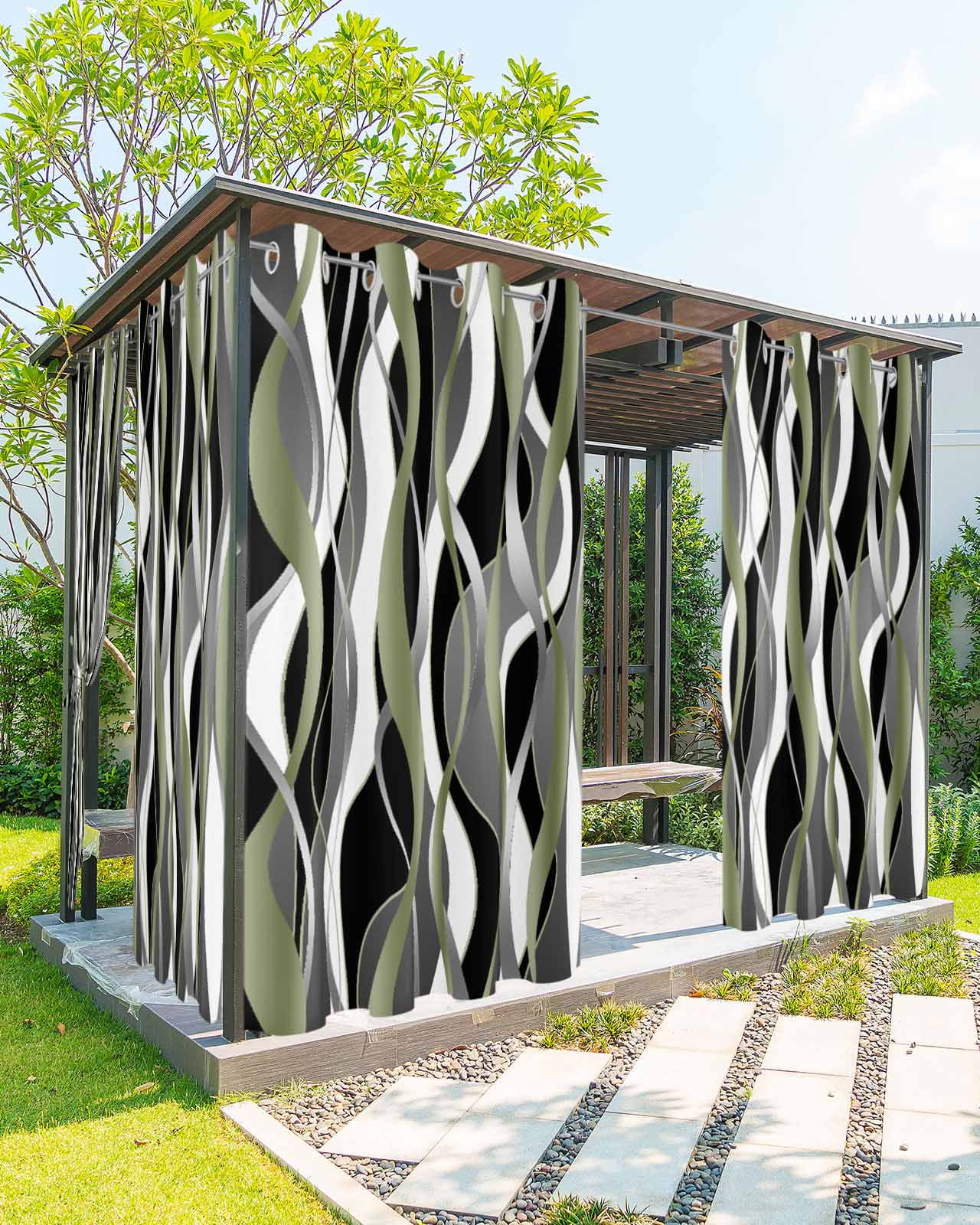 Sage Green Stripe Outdoor Curtains for Patio, Grey White Geometric ...